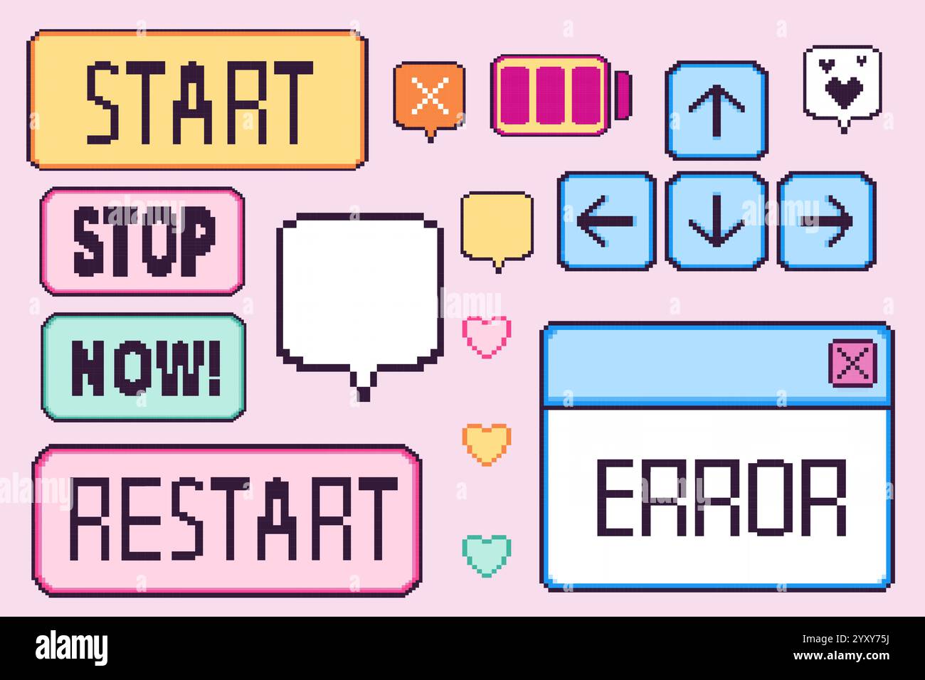 Pixel game UI elements kit. control buttons including start, stop, restart options, direction ...