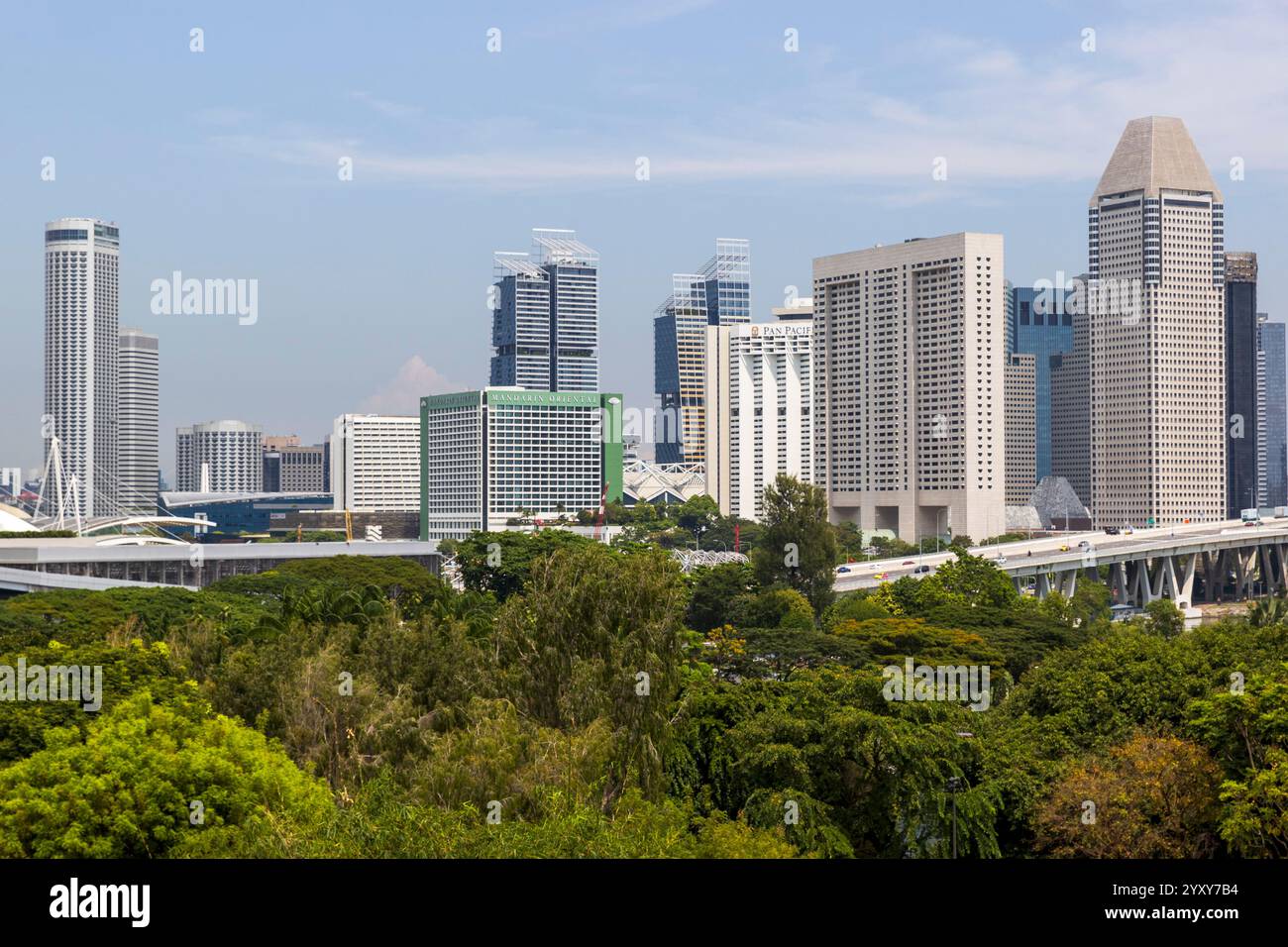 City skyline, modern architecture with greenery and transportation ...