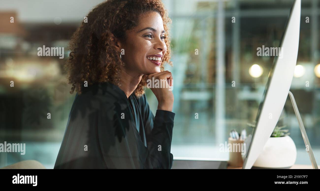 Woman thinking, computer and office at night, accountant online and ...