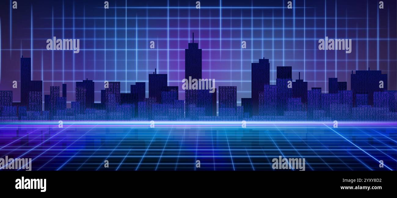 Retro futuristic tech cityscape with neon grid background and digital matrix code overlay. Dark ...
