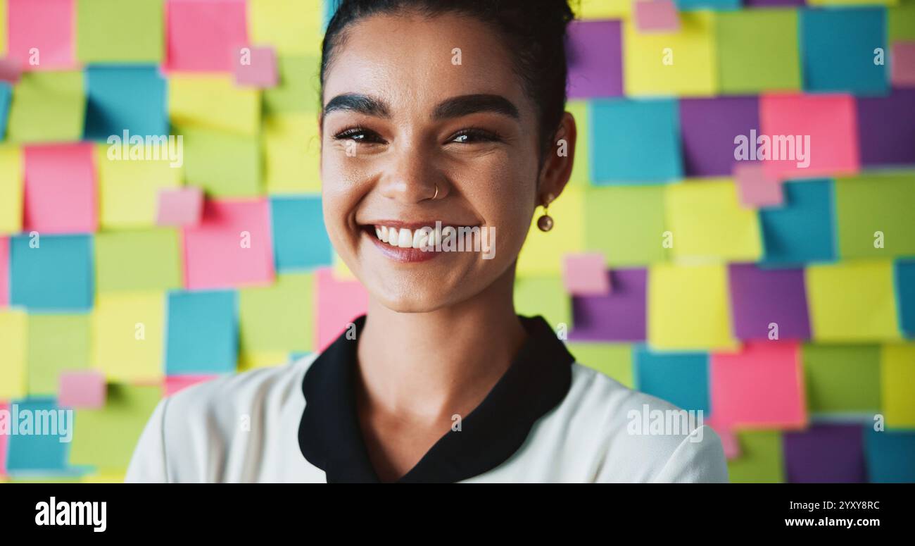 Smile, scrum and portrait of business woman for project management ...