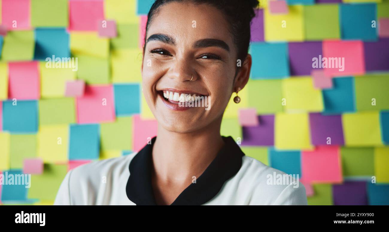 Happy, scrum and portrait of business woman for project management ...