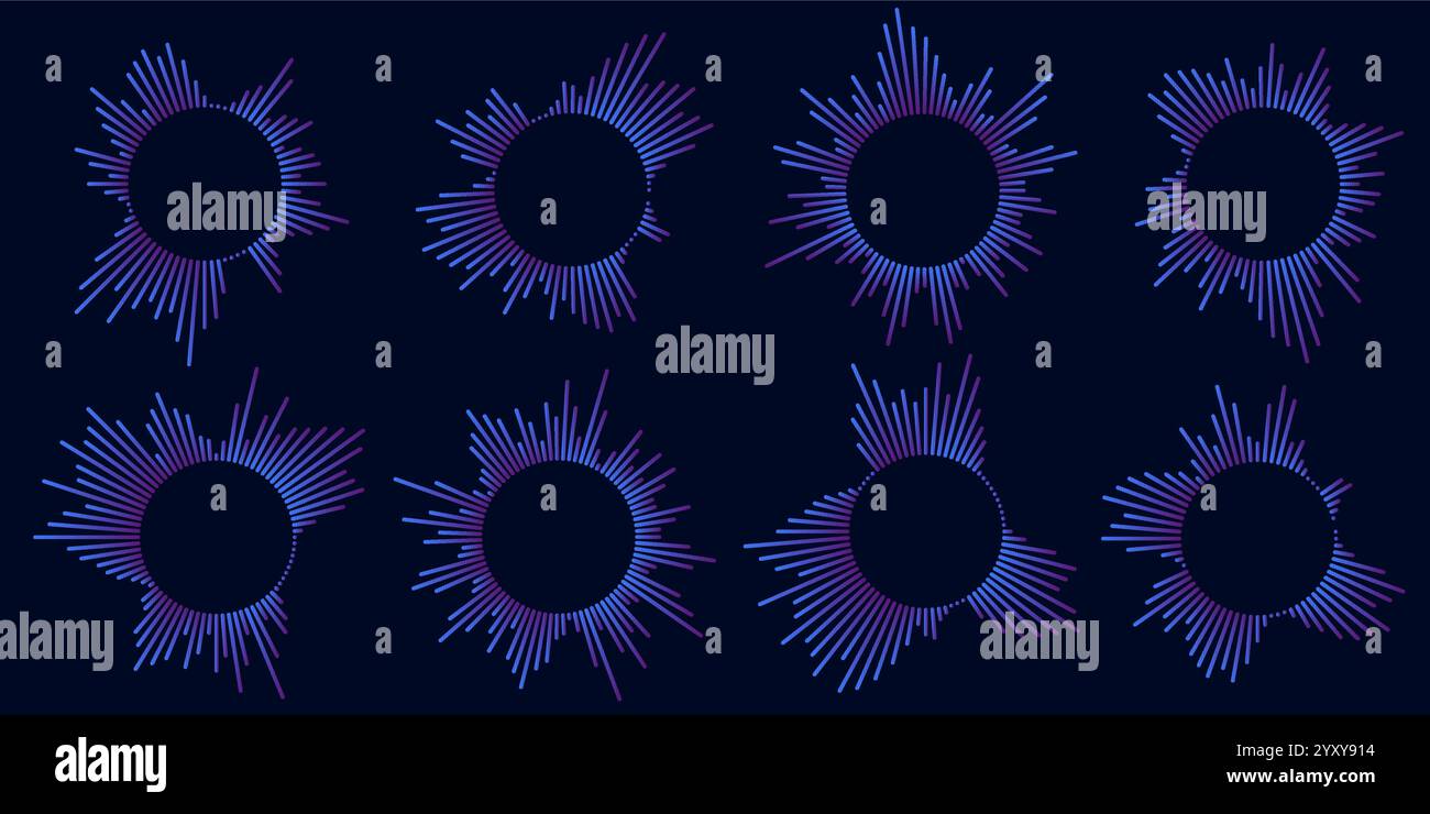 Set of circular ripple icons. Concentric circles with broken lines ...