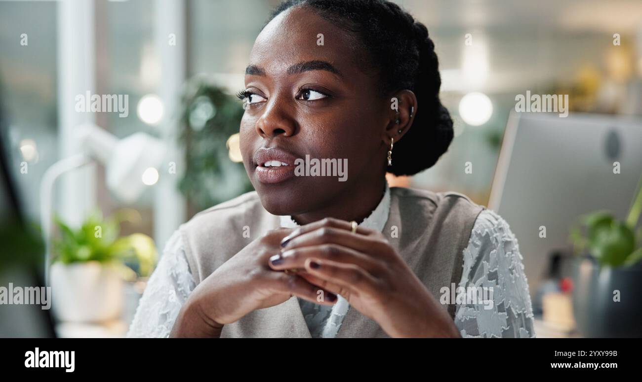 Office, thinking and black woman with ideas for journalism, research ...