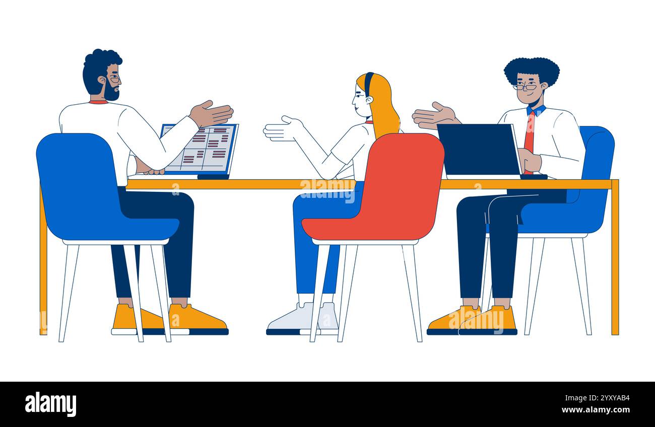 Three people colleagues discussing work at desk 2D cartoon characters ...