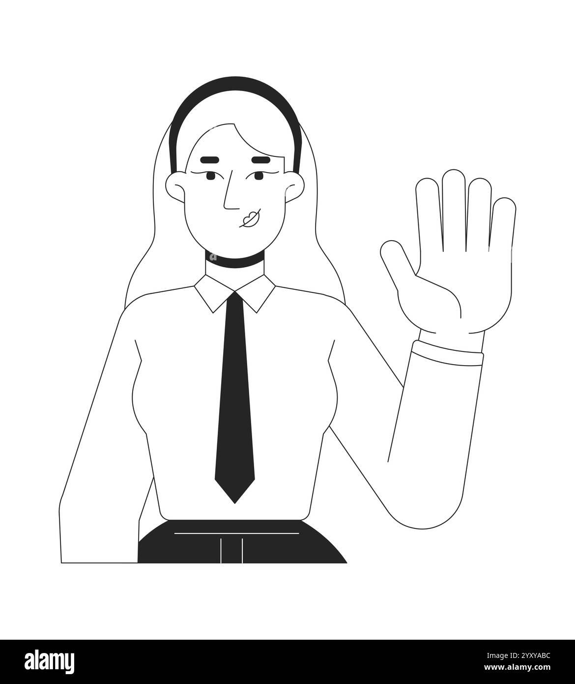 Business shirt tie woman office worker waving hand black and white 2D ...