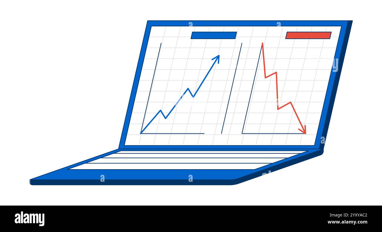 Laptop displaying line graphs with upward, downward trends 2D cartoon object Stock Vector Image ...