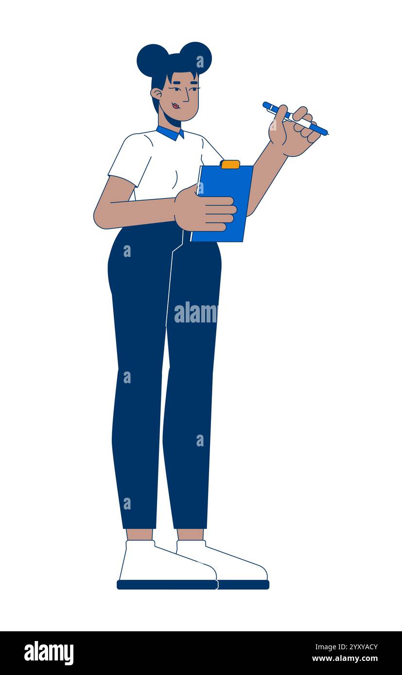 Business casual black woman holding clipboard pen 2D cartoon character ...