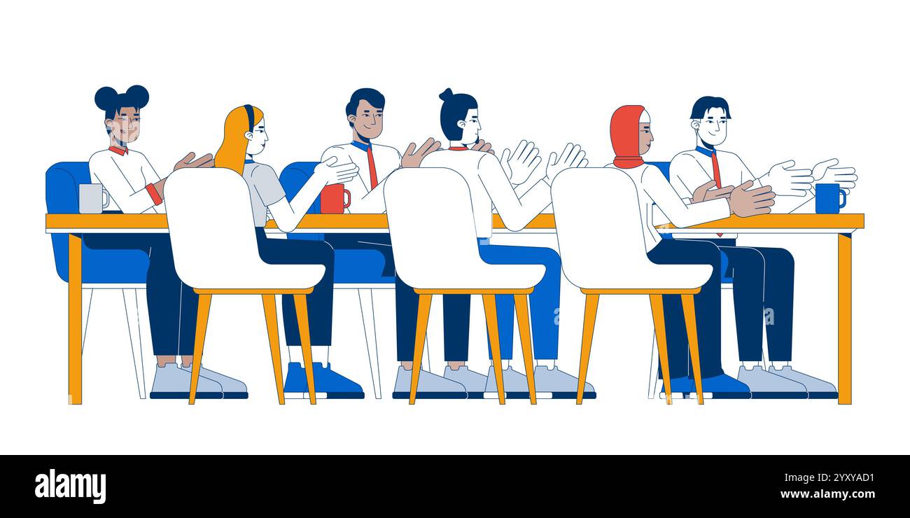 Multicultural colleagues clapping applauding at table 2D cartoon ...