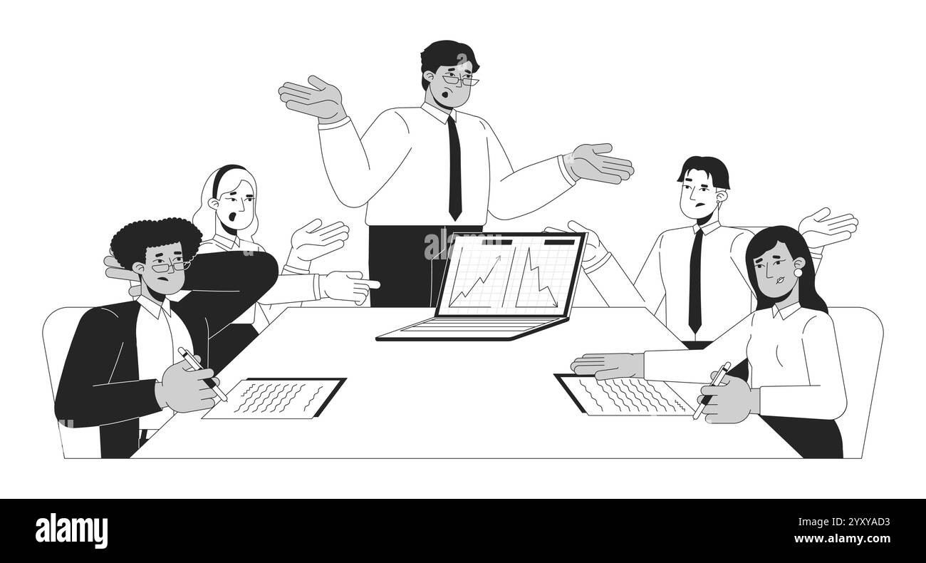 Diverse coworkers discussing downward upward graph laptop black and white 2D line characters ...