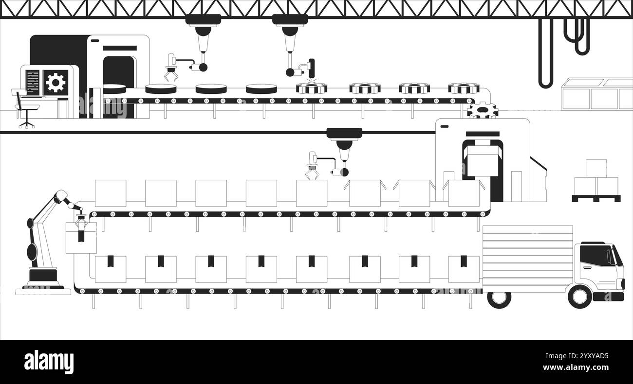 Smart factory black and white line illustration. Automated robotic systems Stock Vector Image ...