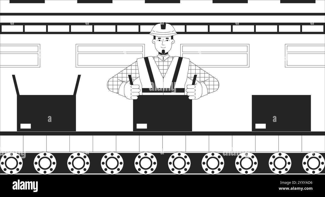 Production line worker packing boxes in warehouse black and white line ...