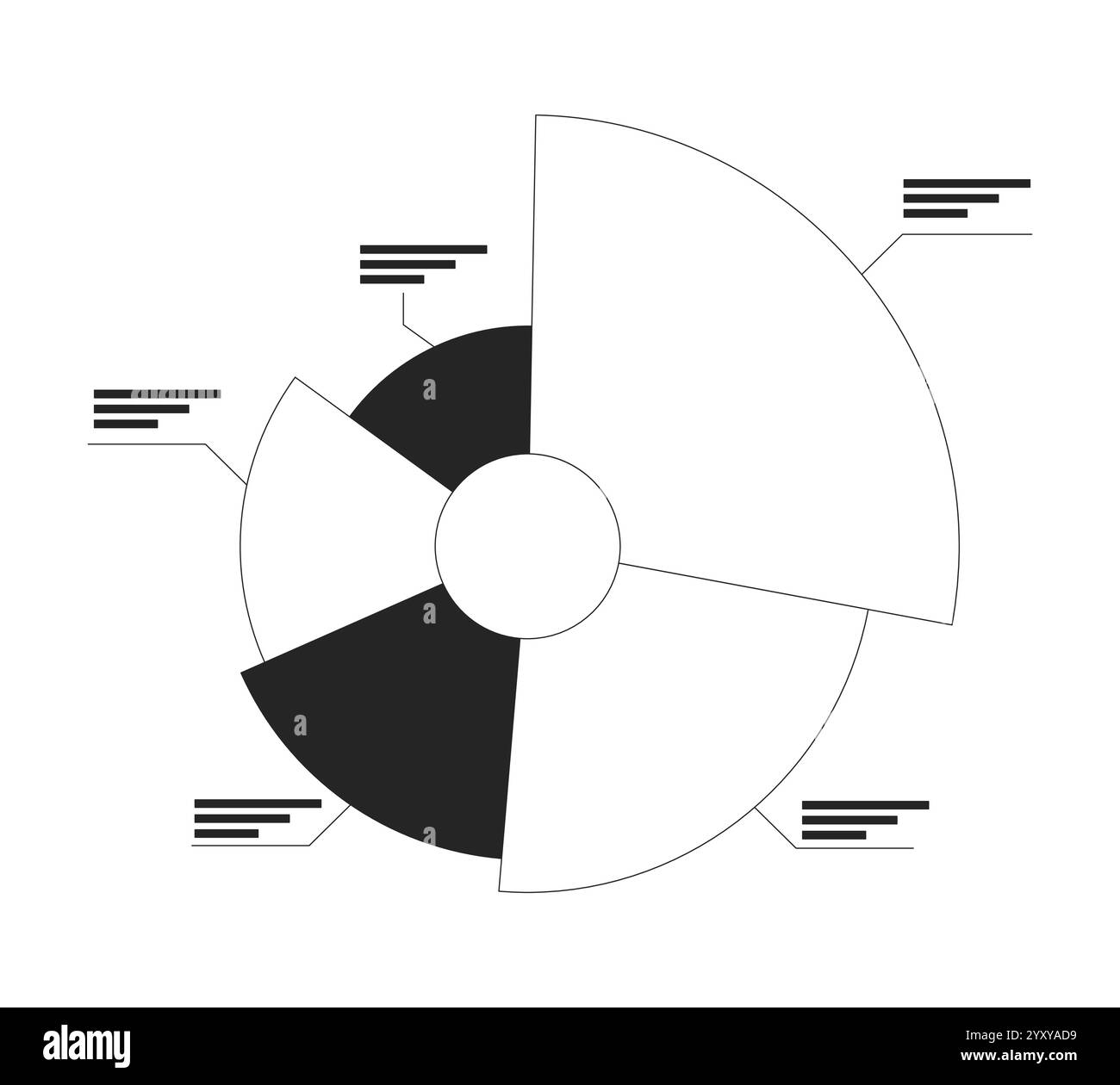 Circular pie chart with labeled segments black and white 2D line object ...