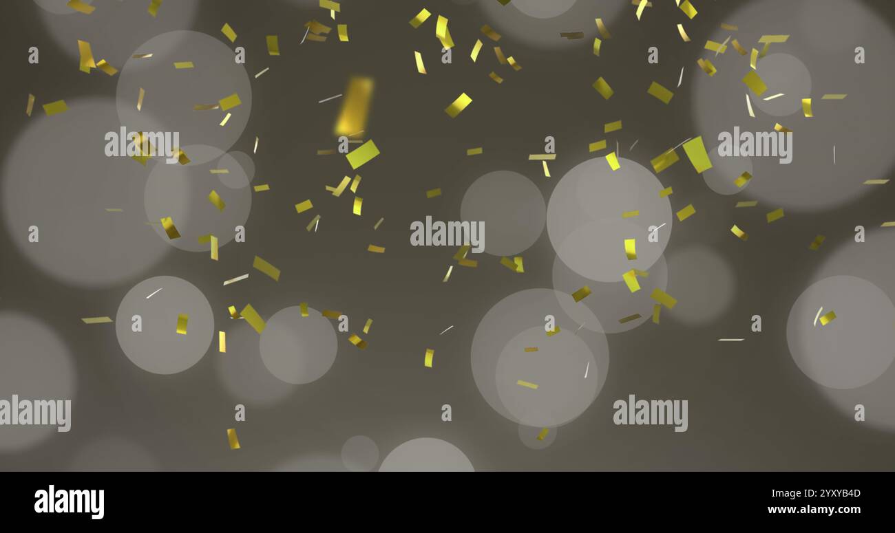 Image of gold christmas confetti falling with spots of light on grey ...