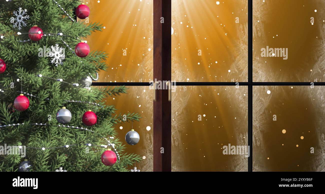 Image of christmas tree and snow falling seen through window. Christmas ...