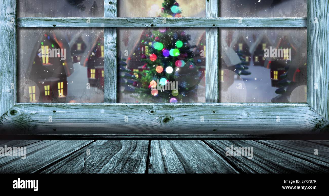 Image of wooden window frame with snow falling over christmas tree and ...