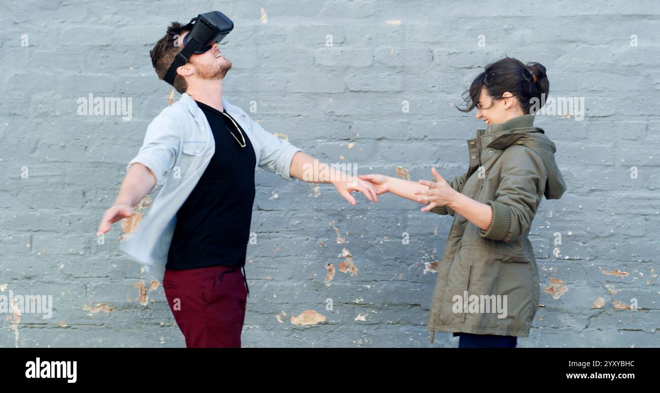 Couple, vr and headset in street with game, laughing and guide for rpg ...