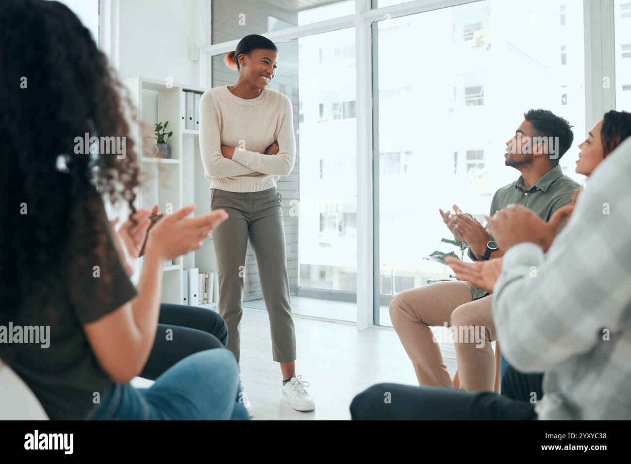 Therapy, group and people clapping hands for mental health support ...