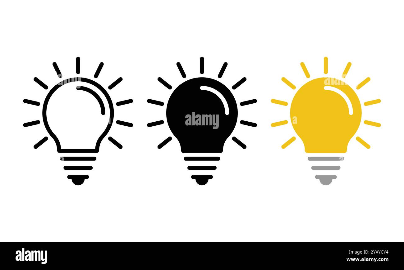 Light bulb with rays shine icon set. Idea symbol. Electric lamp, light, innovation, solution ...