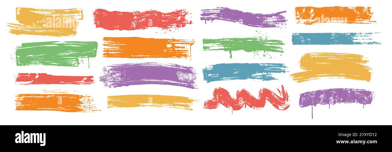Vector set of colored brush strokes, ink bold lines. Dirty grunge ...