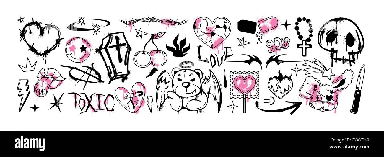 Spray paint graffiti y2k gothic tattoo element set. Street art heart ...