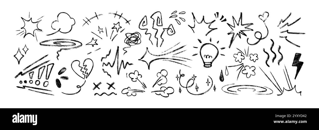 Line movement elements, anime manga doodle set. Black crayon comic ...