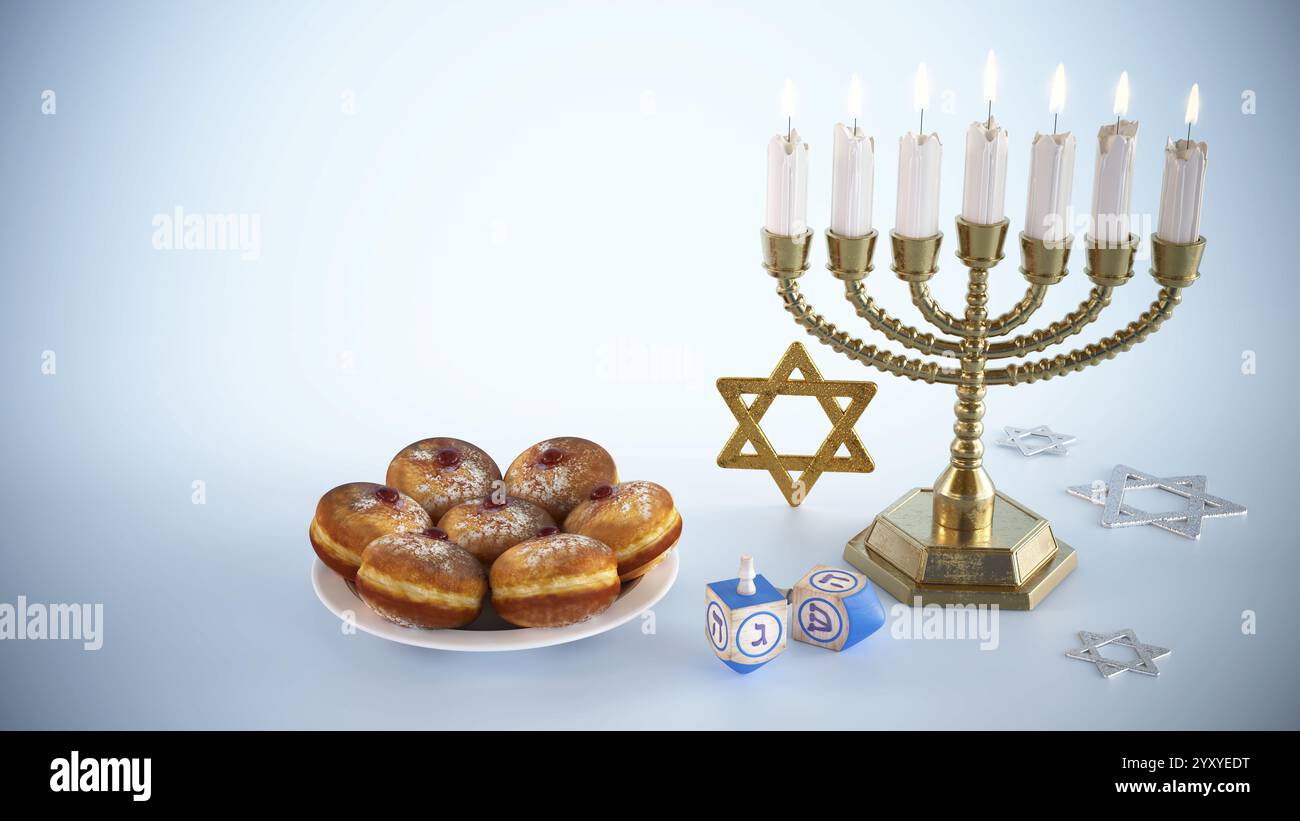 Jewish hanukkah menorah, dreidel and star of David standing on ancient ...