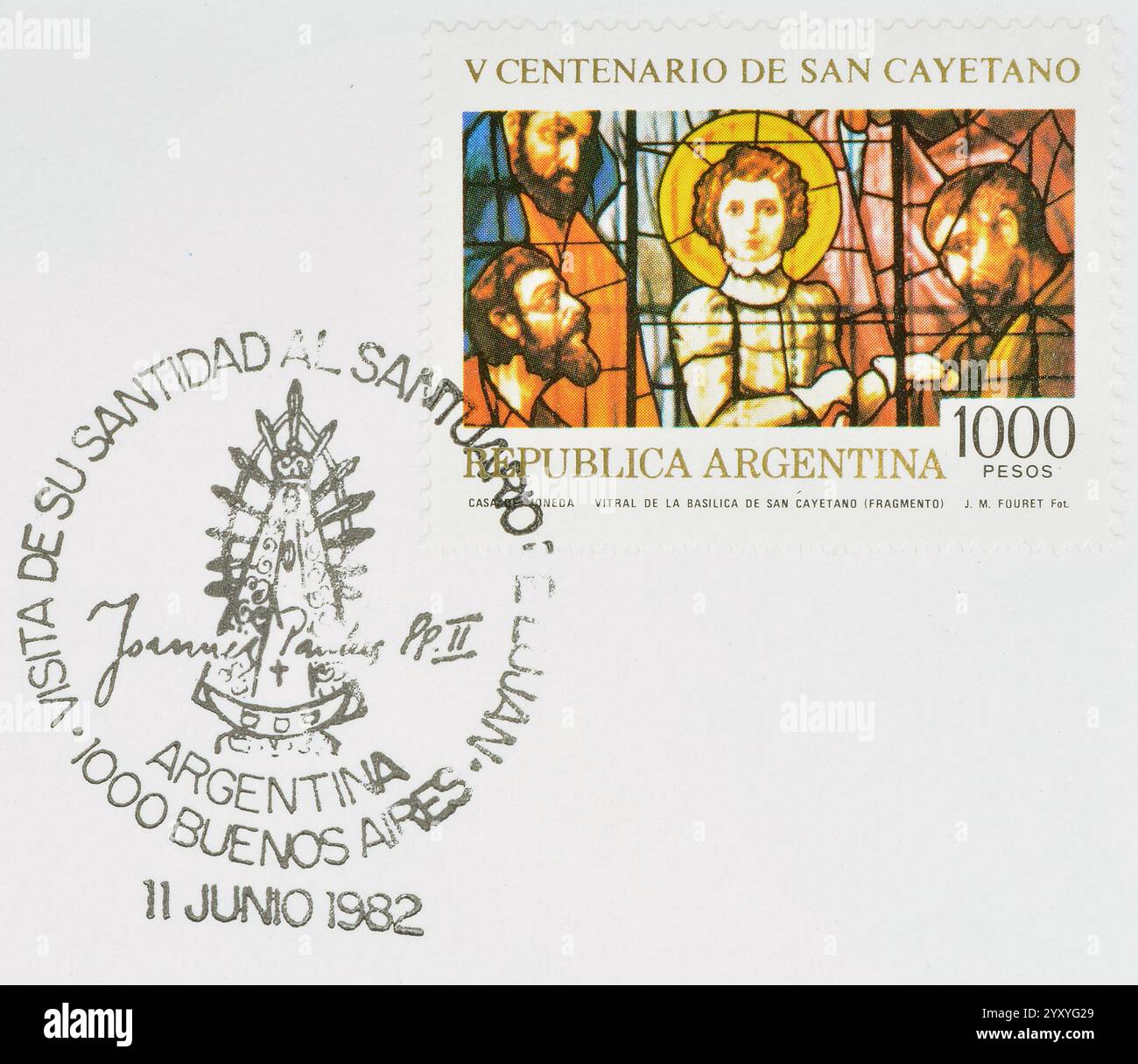 Cancelled postage stamp printed by Argentina, that shows Stained Glass ...
