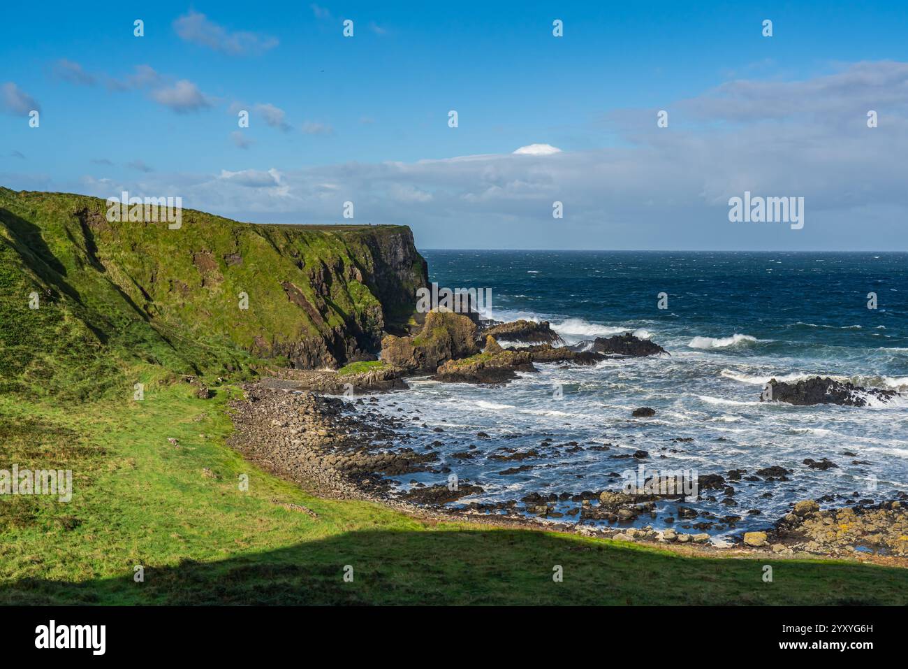 The coastline at the Giants Causeway, an area of hexagonal basalt ...