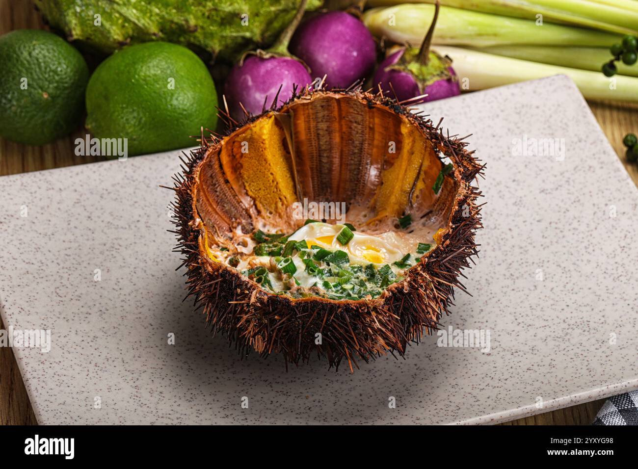 Delicous Grilled Sea Urchin with egg Stock Photo - Alamy