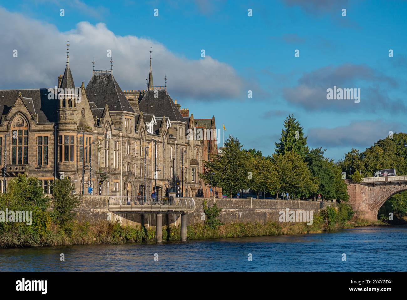 Historical building in Perth, Scotland with the Tay river and blue sky ...