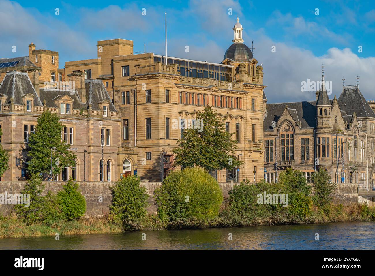 Historical building in Perth, Scotland with the Tay river and blue sky ...