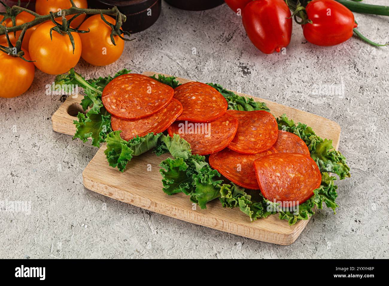 Spanish salami cured chorizo sausage slices Stock Photo - Alamy