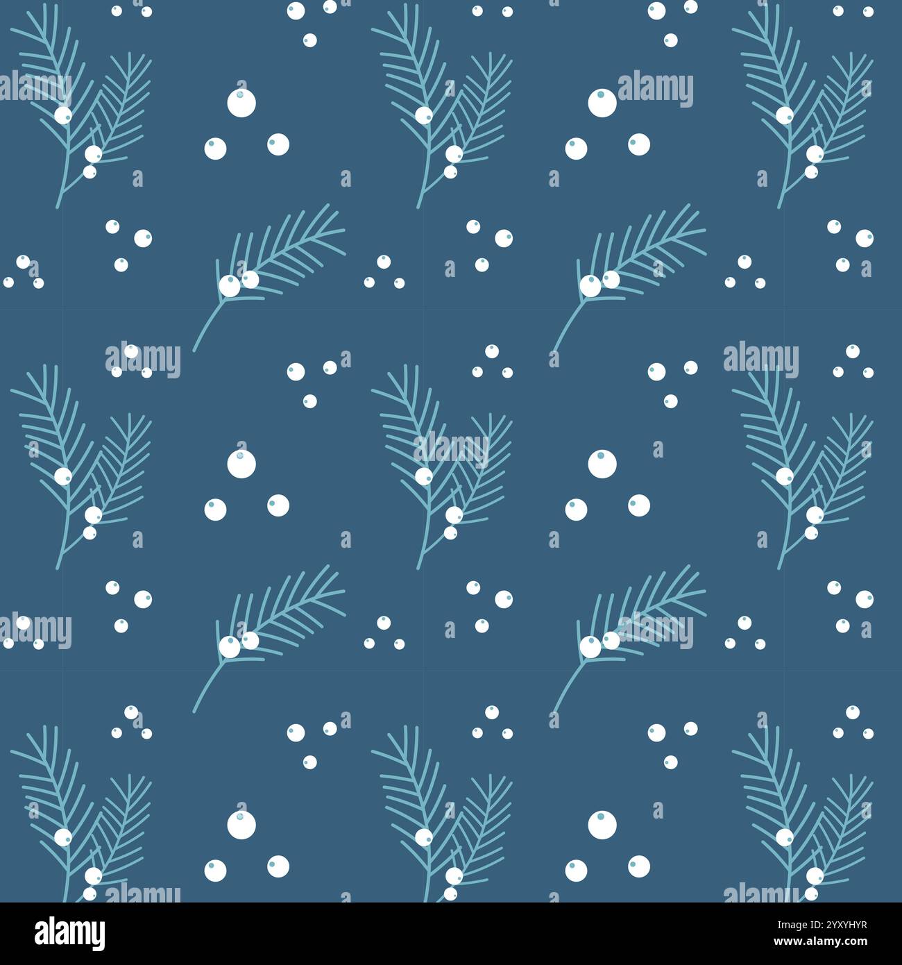 Blue pattern with pine spruce branches and white berries, winter ...