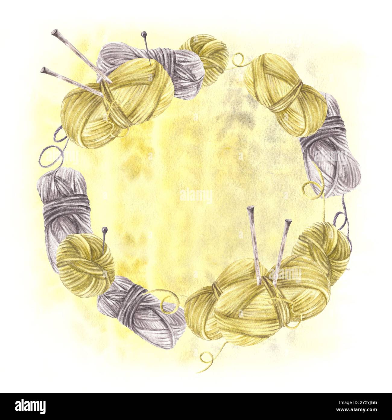 Balls of yarn with knitting needles circle frame, wreath on watercolor ...