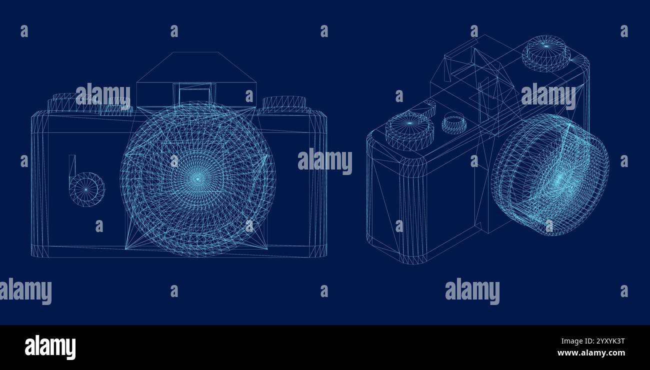 Photo camera wireframe set. Front, isometric view. Vector illustration ...