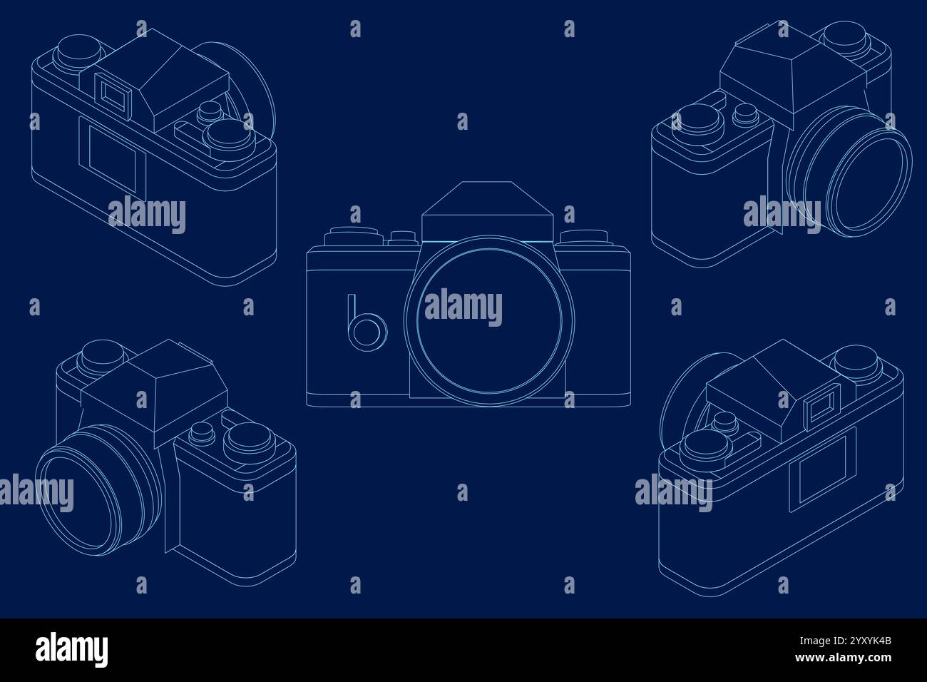 Photo camera contour set. Front, isometric view. Vector illustration ...
