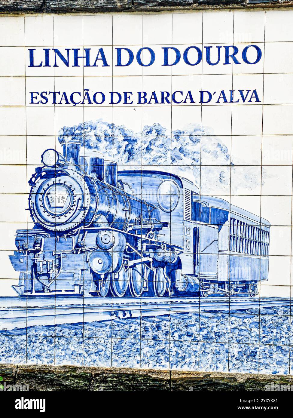 Azuelo tle marks the Barca d'Alva Train Station on the Douro River in ...