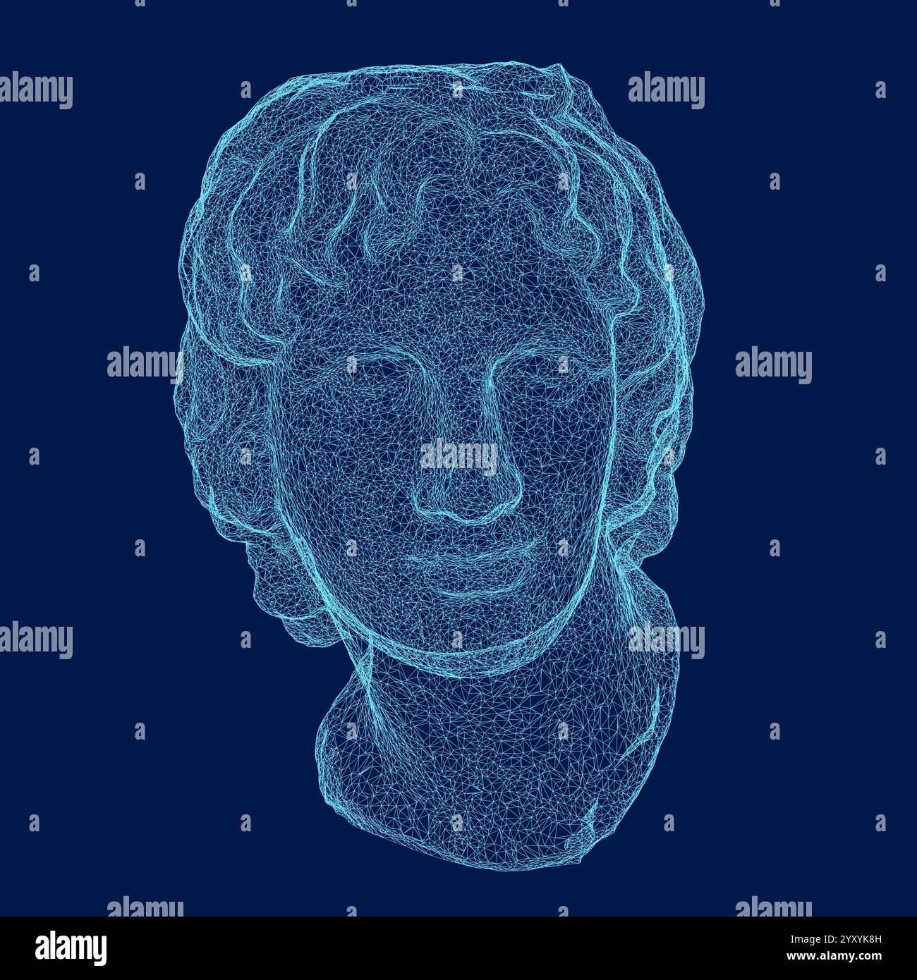 Wireframe head of the statue of David. Figure isolated on blue ...