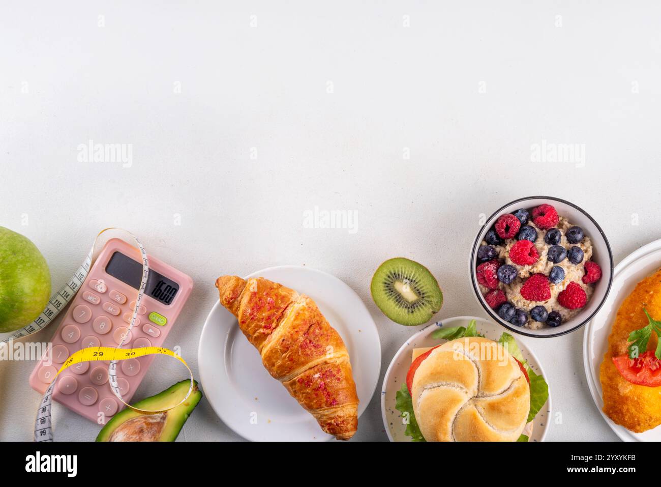 Calorie Calculator diet background with healthy and unhealthy foods ...