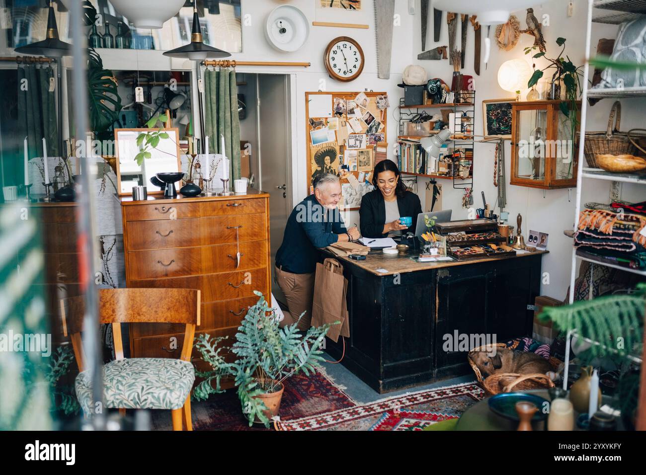 Smiling male and female owners discussing at antique shop Stock Photo ...