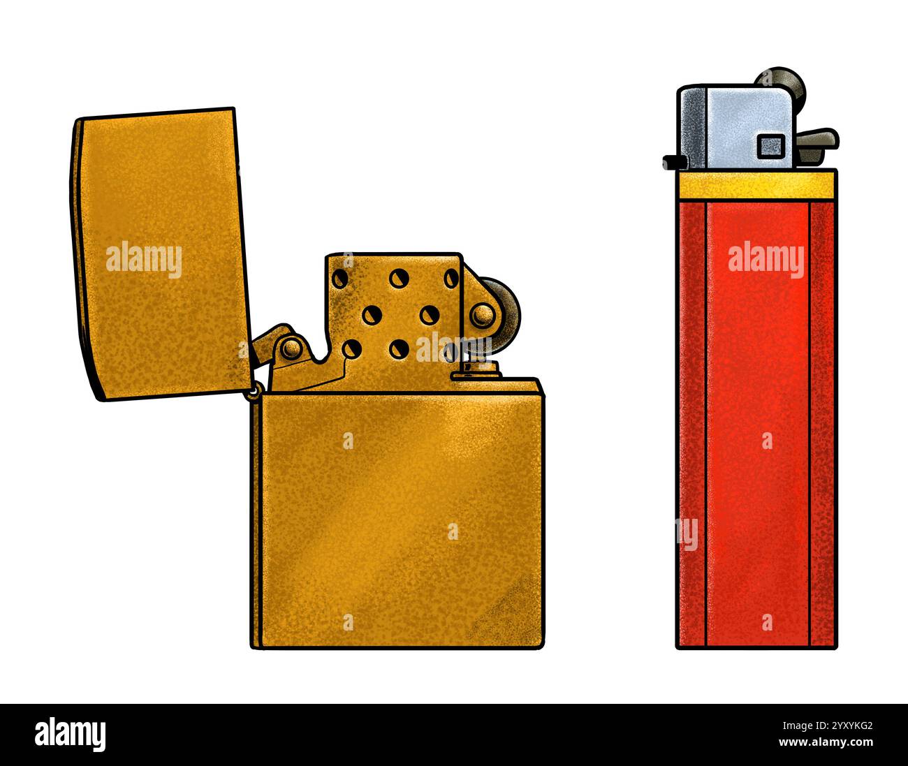 Drawing of a bronze and plastic lighters. Handmade drawing with lighter ...