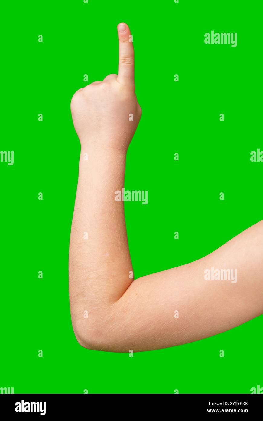 A hand raised with an index finger pointing upwards against a bright ...