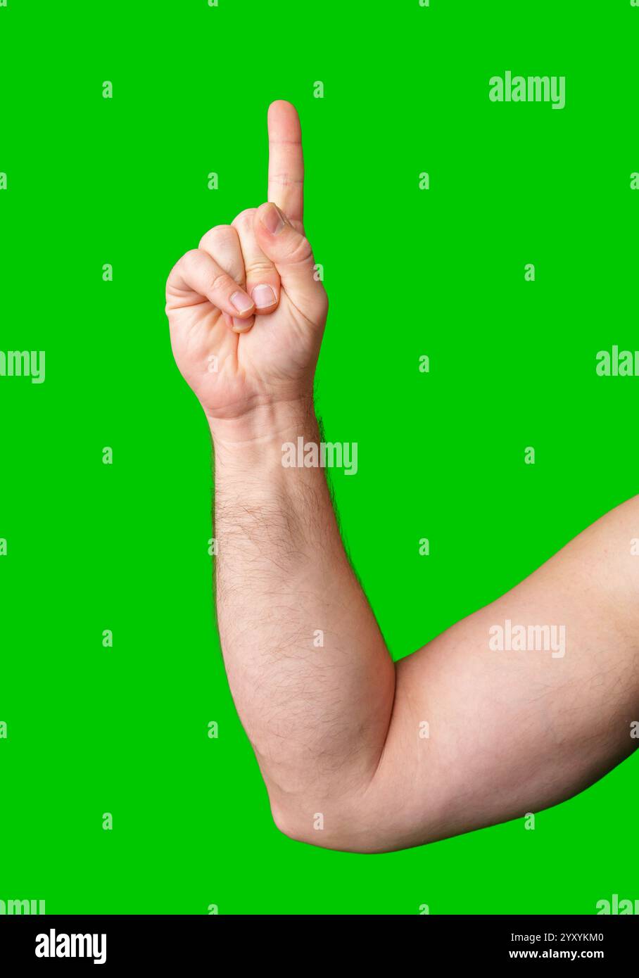 A raised right hand with a single finger pointing upward against a ...