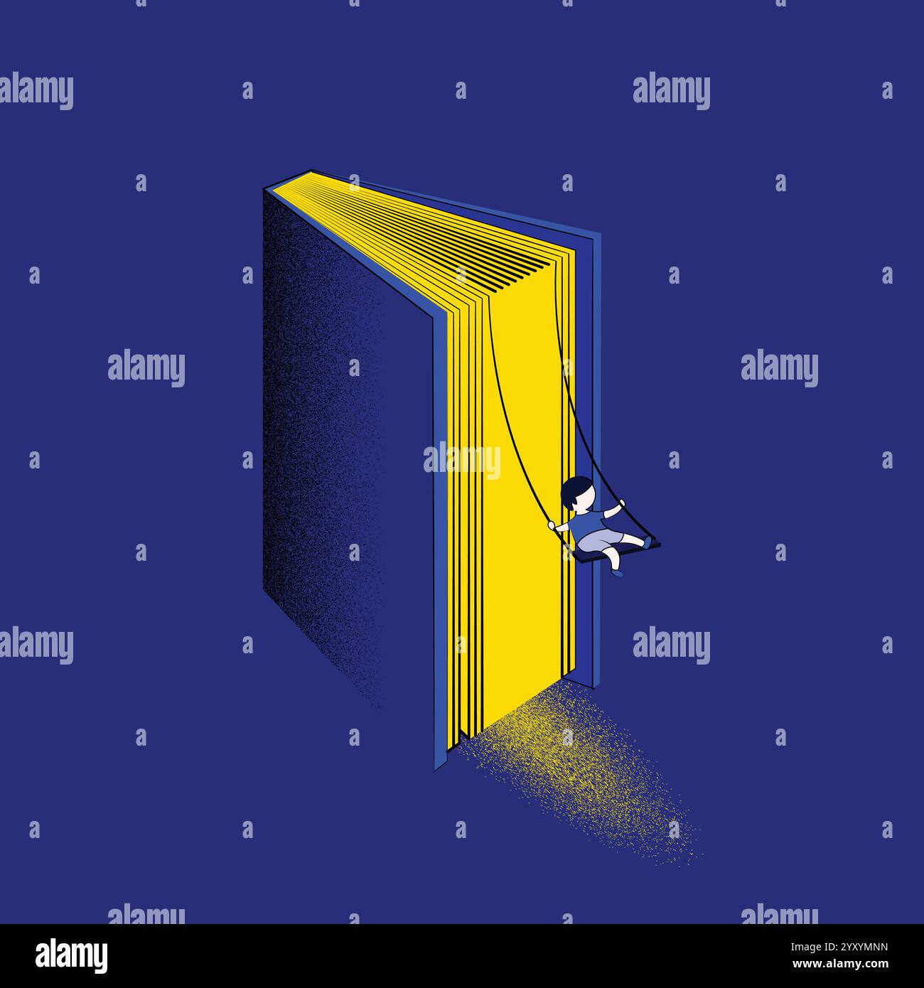 Vector illustration. Child swings from book, represents power of books ...