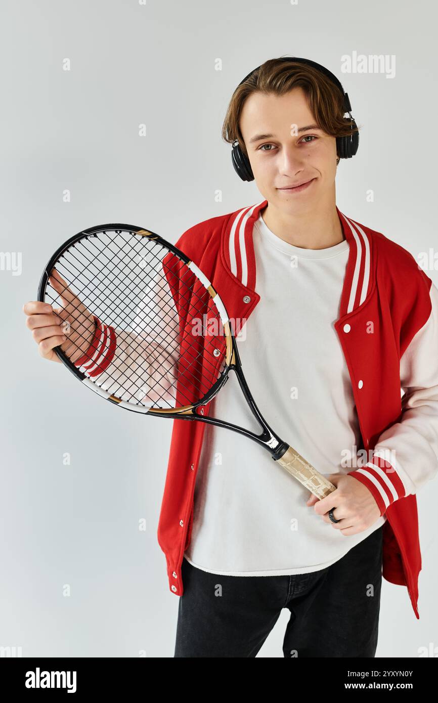 Handsome young man poses with a tennis racket, wearing a stylish bomber ...