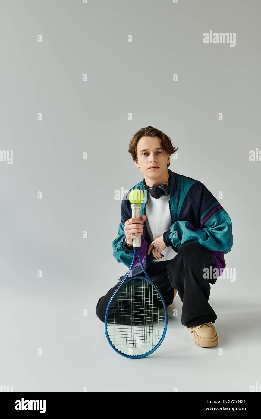 A confident young man poses with a tennis racket, showcasing his trendy ...