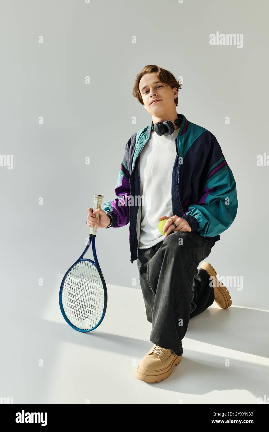 A young man in a colorful bomber jacket poses confidently with a tennis ...