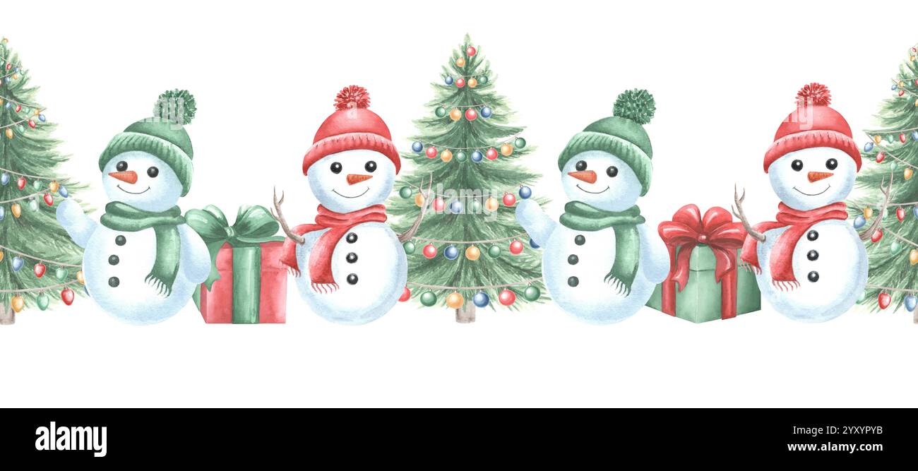 Snowmen with gift boxes and Christmas tree. Seamless border. Hand drawn ...