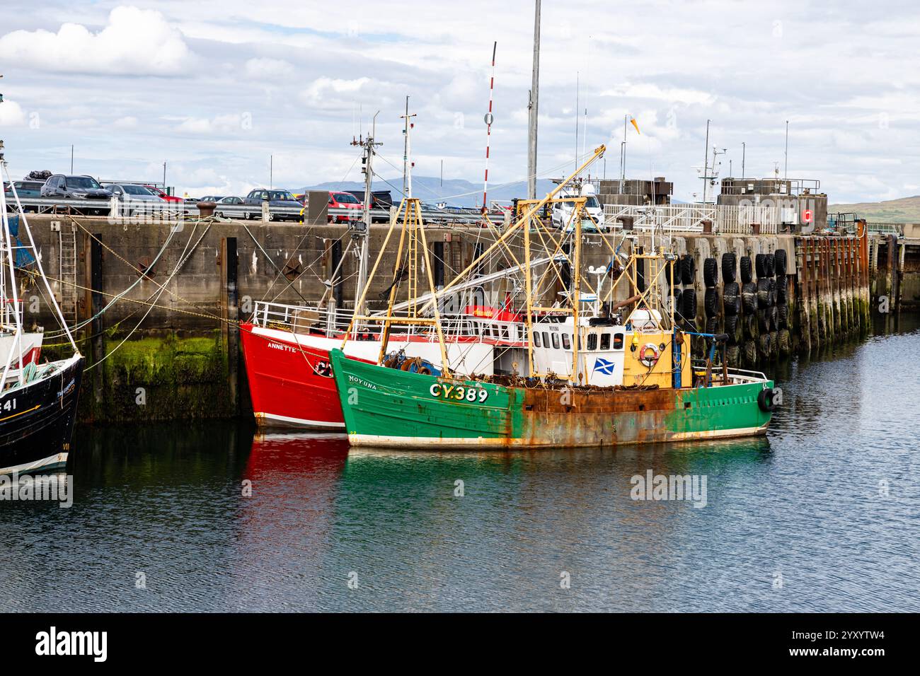 Fishing trawlers, Moyuna and Annette, at Mallaig harbour at the ferry ...